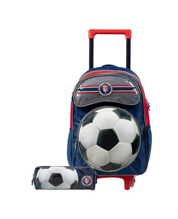 Kit Mochila de Rodinha e Estojo Infantil Masculino Futebol Azul | Bagaggio